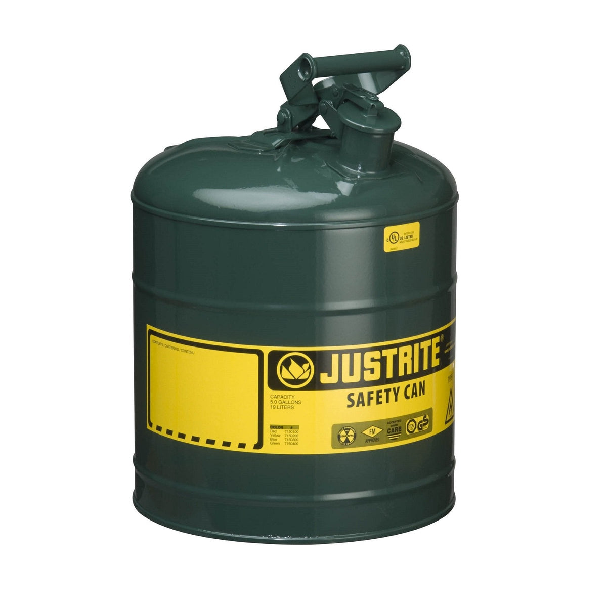 Justrite 7150400 Type I Steel Safety Can for Oil, 5 Gallon, Green ...